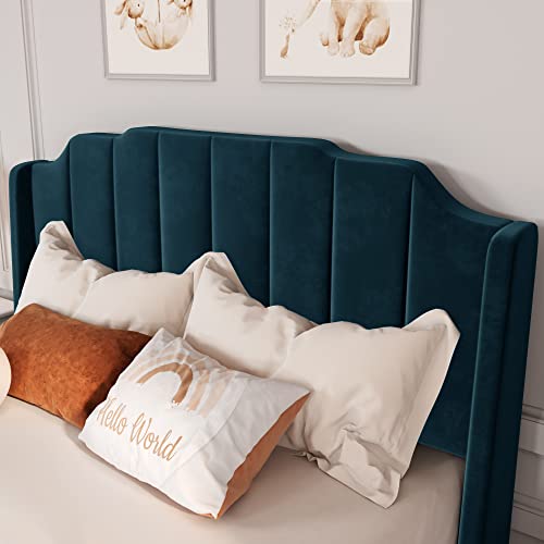 Allewie Queen Size Velvet Bed Frame Upholstered Platform Bed with Vertical Headboard and Footboard, Solid Wood Leg and Strong Slats Support, No Box Spring Needed, Easy Assembly, Blue