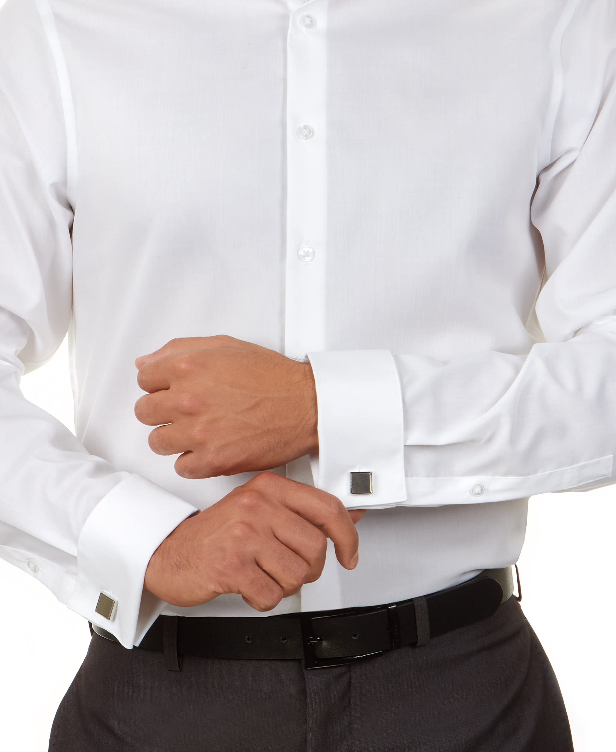 Calvin Klein Men's Non Iron Slim Fit Herringbone French Cuff Dress Shirt, White, 15.5" Neck 32"-33" Sleeve