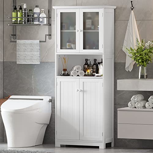 Tiptiper Tall Bathroom Storage Cabinet, Large Floor Cabinet with Open Compartments and 2 Cabinets with Doors, 64β Height Freestanding Linen Tower Cabinet, for Home Kitchen, Living Room, White