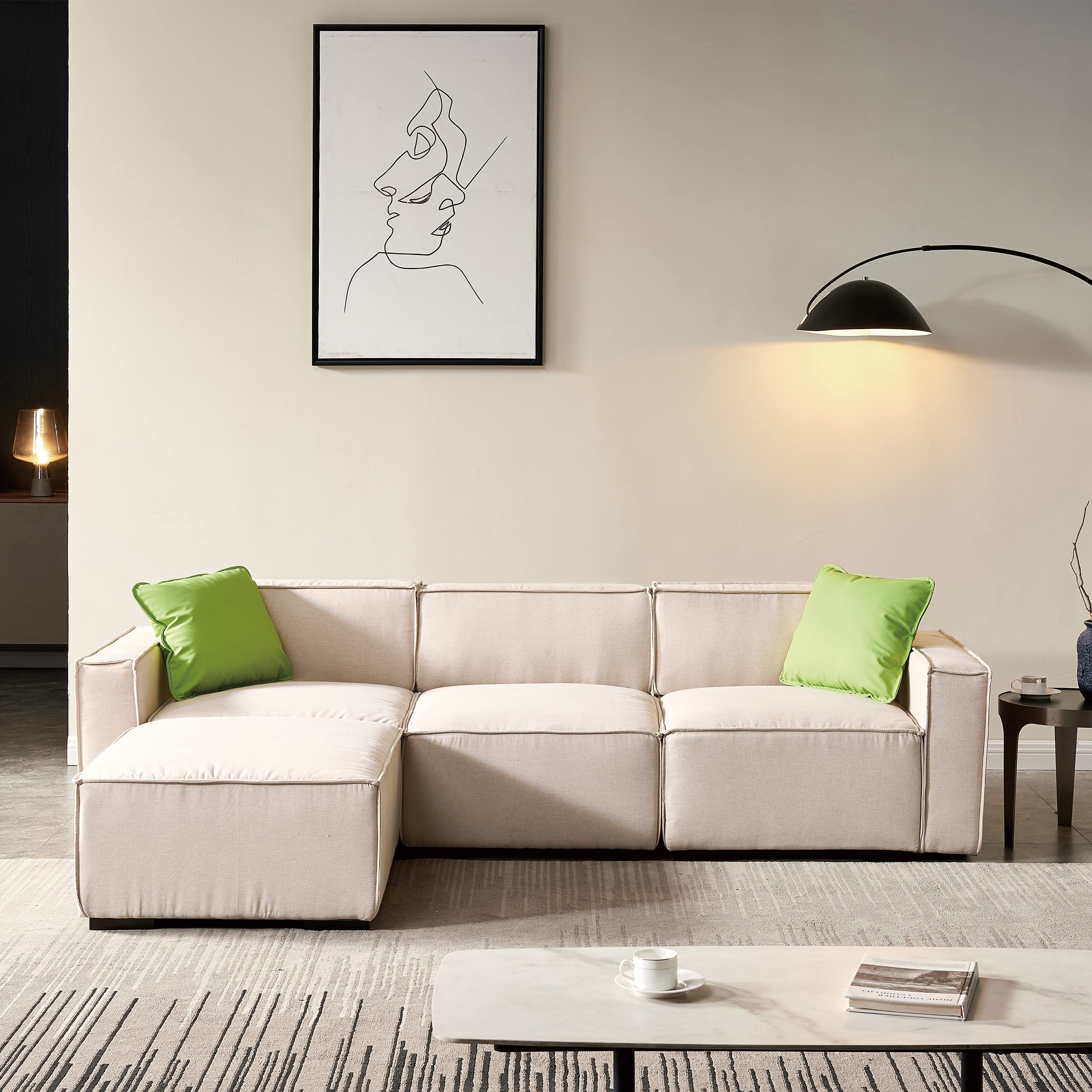 Myshle Faux Leather Fabric Reversible 4 Seater Sectional Couch with Storage, Modular Sofa L Shape with Convertible Ottoman Chaise, Beige