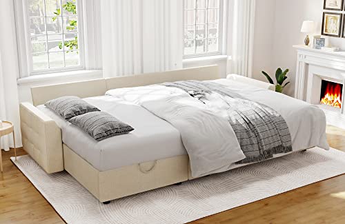 VanAcc Pull Out Convertible Sofa Bed with Storage Chaise, Tufted Sleeper Sectional Couch for Living Room (Beige)