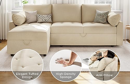 VanAcc Pull Out Convertible Sofa Bed with Storage Chaise, Tufted Sleeper Sectional Couch for Living Room (Beige)