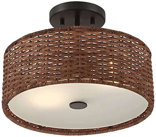 Possini Euro Design Hampton Modern Ceiling Light Semi Flush-Mount Fixture 13 1/4" Wide Soft Gold 2-Light Dark Weave Rattan Drum Shade for Bedroom Kitchen Living Room Hallway Bathroom House Home