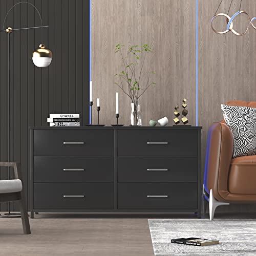 IKENO 6 Drawer Double Dresser, Industrial Wood Dresser for Bedroom, Sturdy Steel Frame…