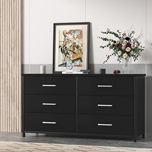 IKENO 6 Drawer Double Dresser, Industrial Wood Dresser for Bedroom, Sturdy Steel Frame…
