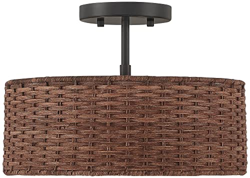 Possini Euro Design Hampton Modern Ceiling Light Semi Flush-Mount Fixture 13 1/4" Wide Soft Gold 2-Light Dark Weave Rattan Drum Shade for Bedroom Kitchen Living Room Hallway Bathroom House Home