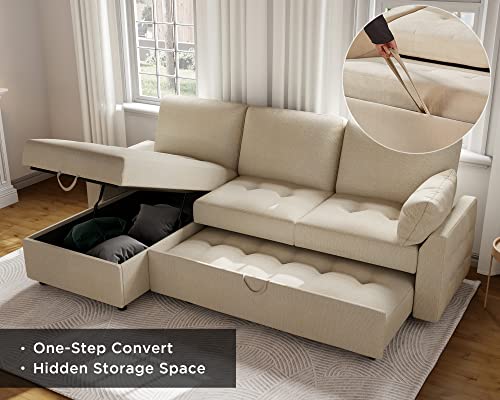 VanAcc Pull Out Convertible Sofa Bed with Storage Chaise, Tufted Sleeper Sectional Couch for Living Room (Beige)
