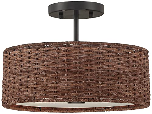 Possini Euro Design Hampton Modern Ceiling Light Semi Flush-Mount Fixture 13 1/4" Wide Soft Gold 2-Light Dark Weave Rattan Drum Shade for Bedroom Kitchen Living Room Hallway Bathroom House Home