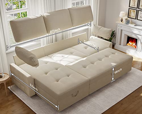 VanAcc Pull Out Convertible Sofa Bed with Storage Chaise, Tufted Sleeper Sectional Couch for Living Room (Beige)