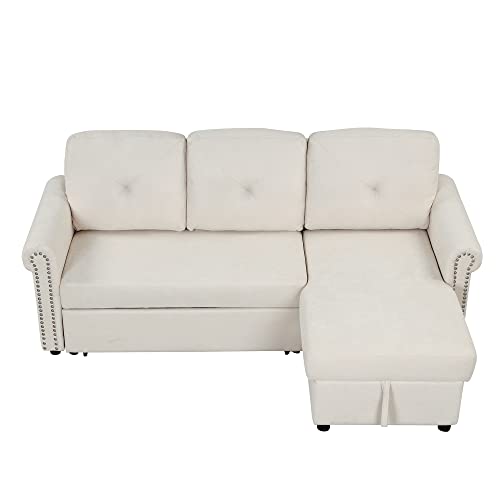 Eafurn 3 Seater Reversible Sleeper Sectional Sofa Pull Out Couch Bed with Chaise Lounge and Storage,Comfy Velvet Upholstery Convertible L Shaped Corner Sofa&Couches for Living Room Furniture Sets