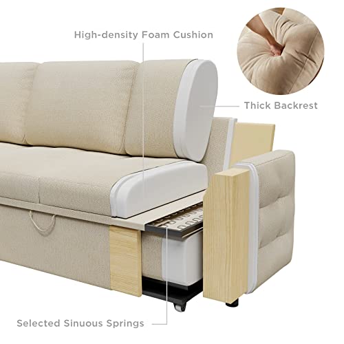VanAcc Pull Out Convertible Sofa Bed with Storage Chaise, Tufted Sleeper Sectional Couch for Living Room (Beige)