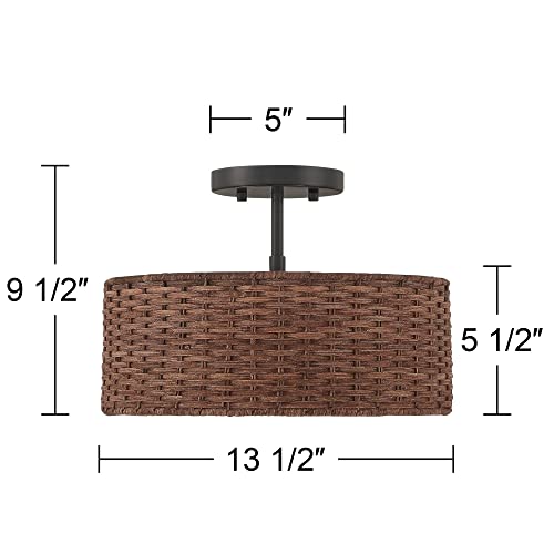 Possini Euro Design Hampton Modern Ceiling Light Semi Flush-Mount Fixture 13 1/4" Wide Soft Gold 2-Light Dark Weave Rattan Drum Shade for Bedroom Kitchen Living Room Hallway Bathroom House Home