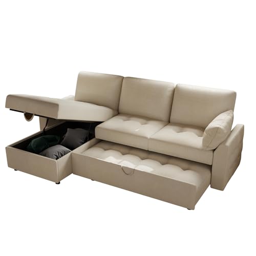 VanAcc Pull Out Convertible Sofa Bed with Storage Chaise, Tufted Sleeper Sectional Couch for Living Room (Beige)