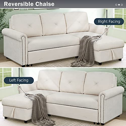 Eafurn 3 Seater Reversible Sleeper Sectional Sofa Pull Out Couch Bed with Chaise Lounge and Storage,Comfy Velvet Upholstery Convertible L Shaped Corner Sofa&Couches for Living Room Furniture Sets