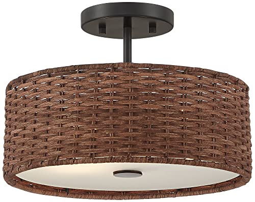 Possini Euro Design Hampton Modern Ceiling Light Semi Flush-Mount Fixture 13 1/4" Wide Soft Gold 2-Light Dark Weave Rattan Drum Shade for Bedroom Kitchen Living Room Hallway Bathroom House Home