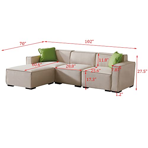 Myshle Faux Leather Fabric Reversible 4 Seater Sectional Couch with Storage, Modular Sofa L Shape with Convertible Ottoman Chaise, Beige