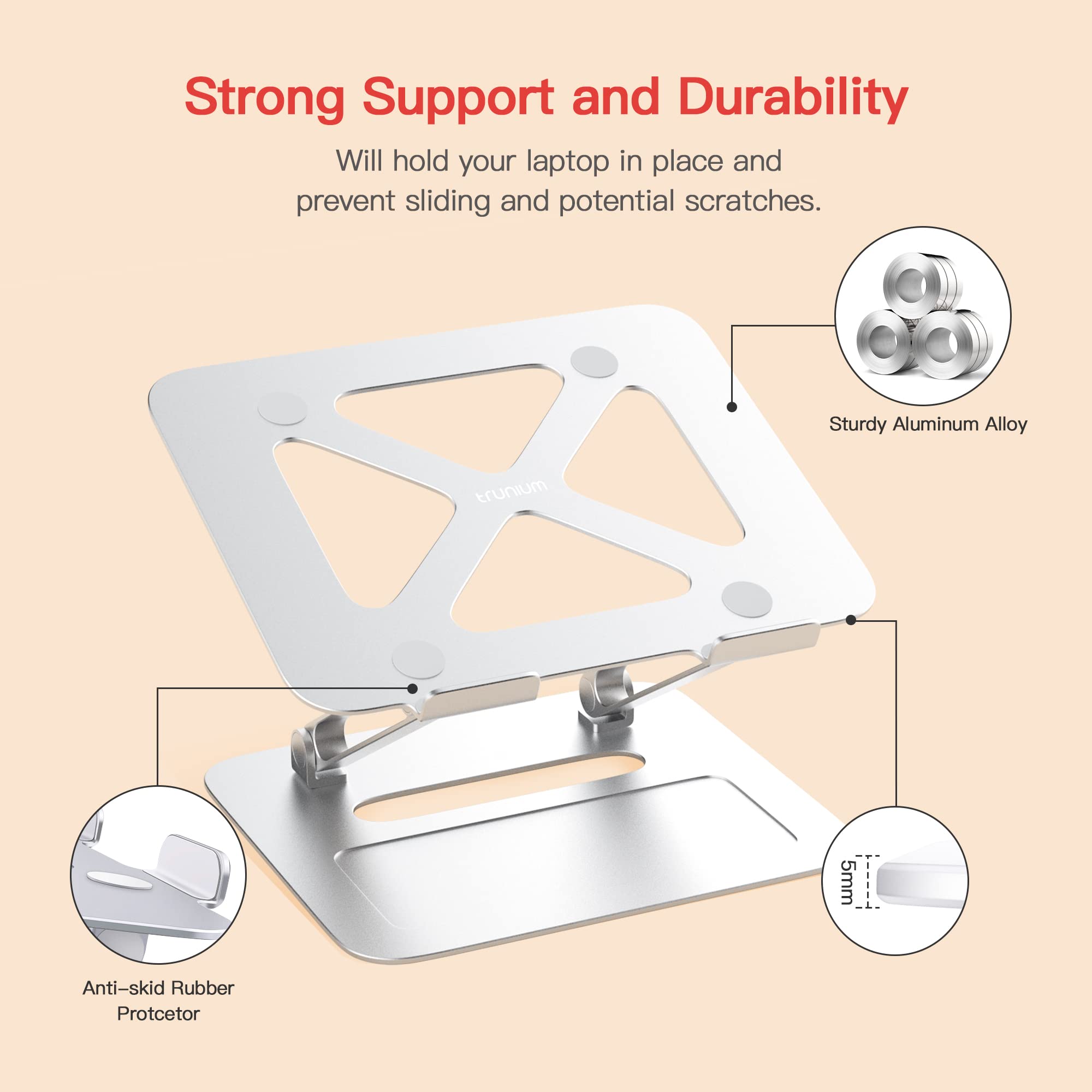 TRUNIUM Laptop Stand, Laptop Holder, Multi-Angle Stand with Heat-Vent, Adjustable Laptop Riser for Laptop up to 15.6 inches, Compatible for MacBook Pro/Air, Surface Laptop, and so on (Silver)