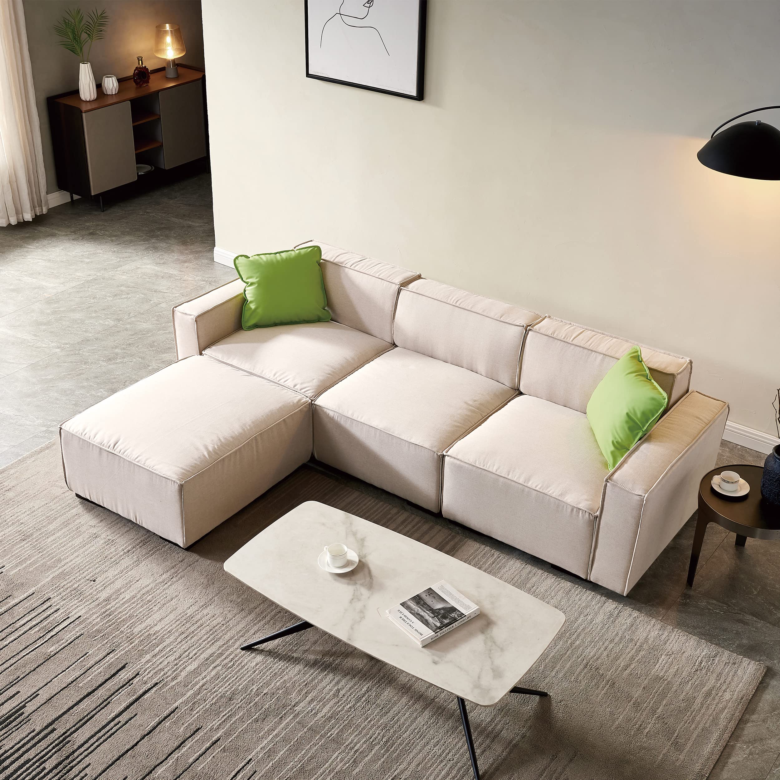 Tiokop Faux Leather Fabric Reversible 4 Seater Sectional Couch with Storage, Modular Sofa L Shape with Convertible Ottoman Chaise, Beige