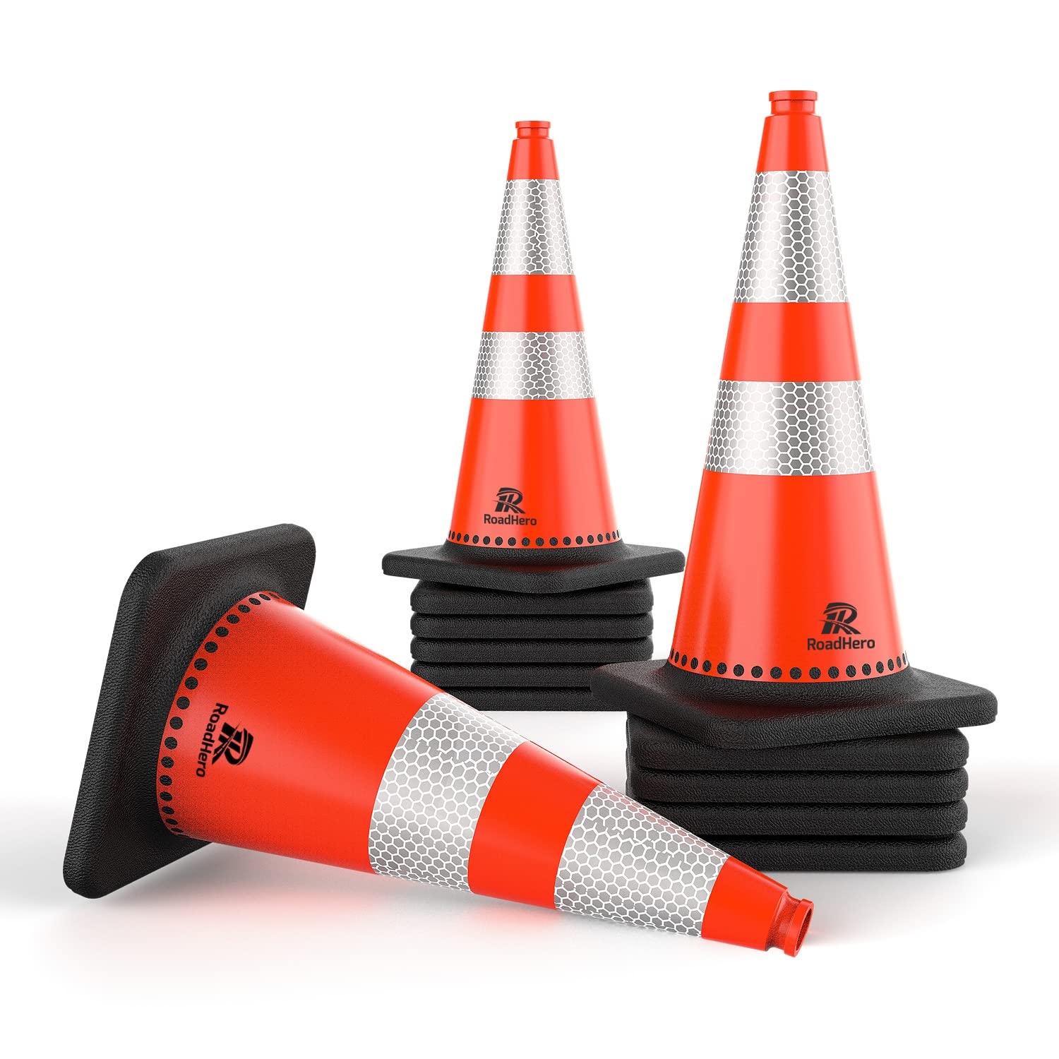 RoadHero 12 Pack Traffic Safety Cones 28 Inch, PVC Cone with Black Weighted Base, Orange Cones with Reflective Collars for Parking Lot, Road Safety, Construction Events