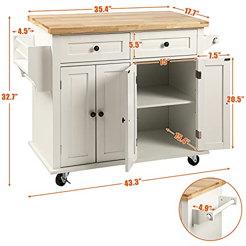 NSdirect Kitchen Island Cart,Kitchen Bar&Serving Cart Rolling on Wheels with Spice Rack Towel Holder Utility Storage Trolley with Storage Drawers for Home Hotel Kitchen Dinning Room(White)