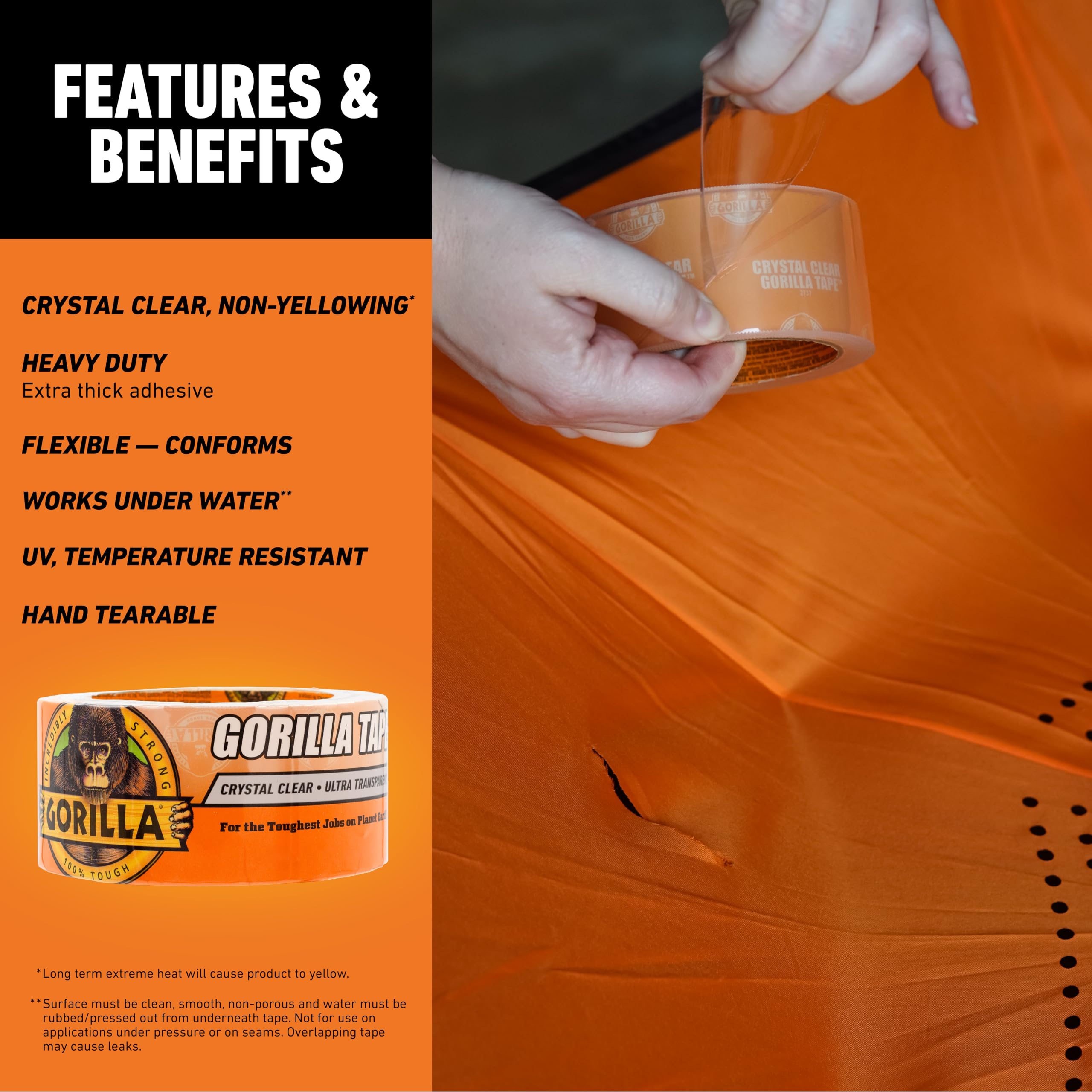 Gorilla Crystal Clear Repair Duct Tape, 1.88” x 18 yd, Clear, (Pack of 1)