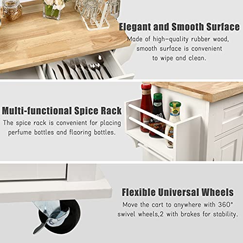 NSdirect Kitchen Island Cart,Kitchen Bar&Serving Cart Rolling on Wheels with Spice Rack Towel Holder Utility Storage Trolley with Storage Drawers for Home Hotel Kitchen Dinning Room(White)