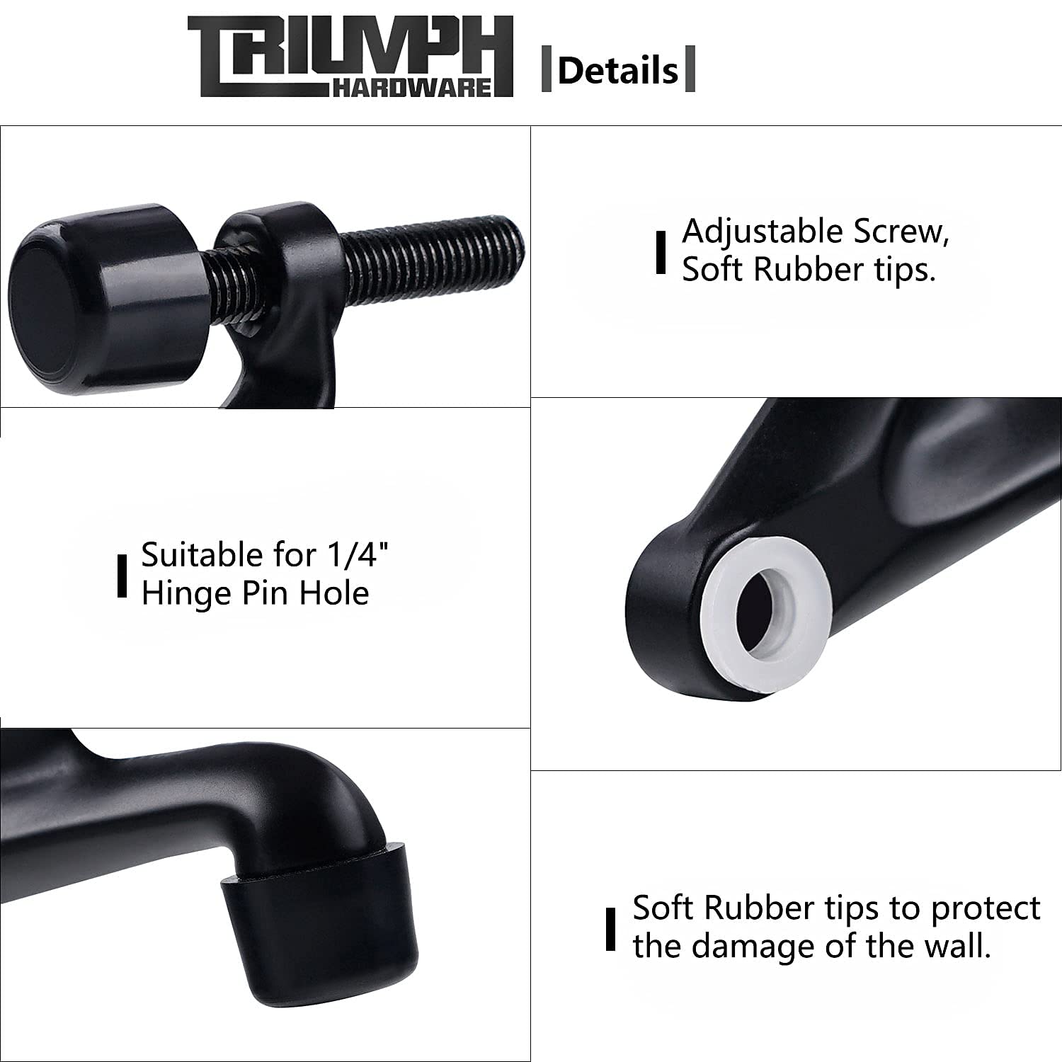 Triumph Hardware 2 Pack Hinge Pin Door Stopper,Adjustable Heavy Duty Door Stopper 2-3/8"x15/16β,Dull Chrome,with Black Rubber Bumper Tips