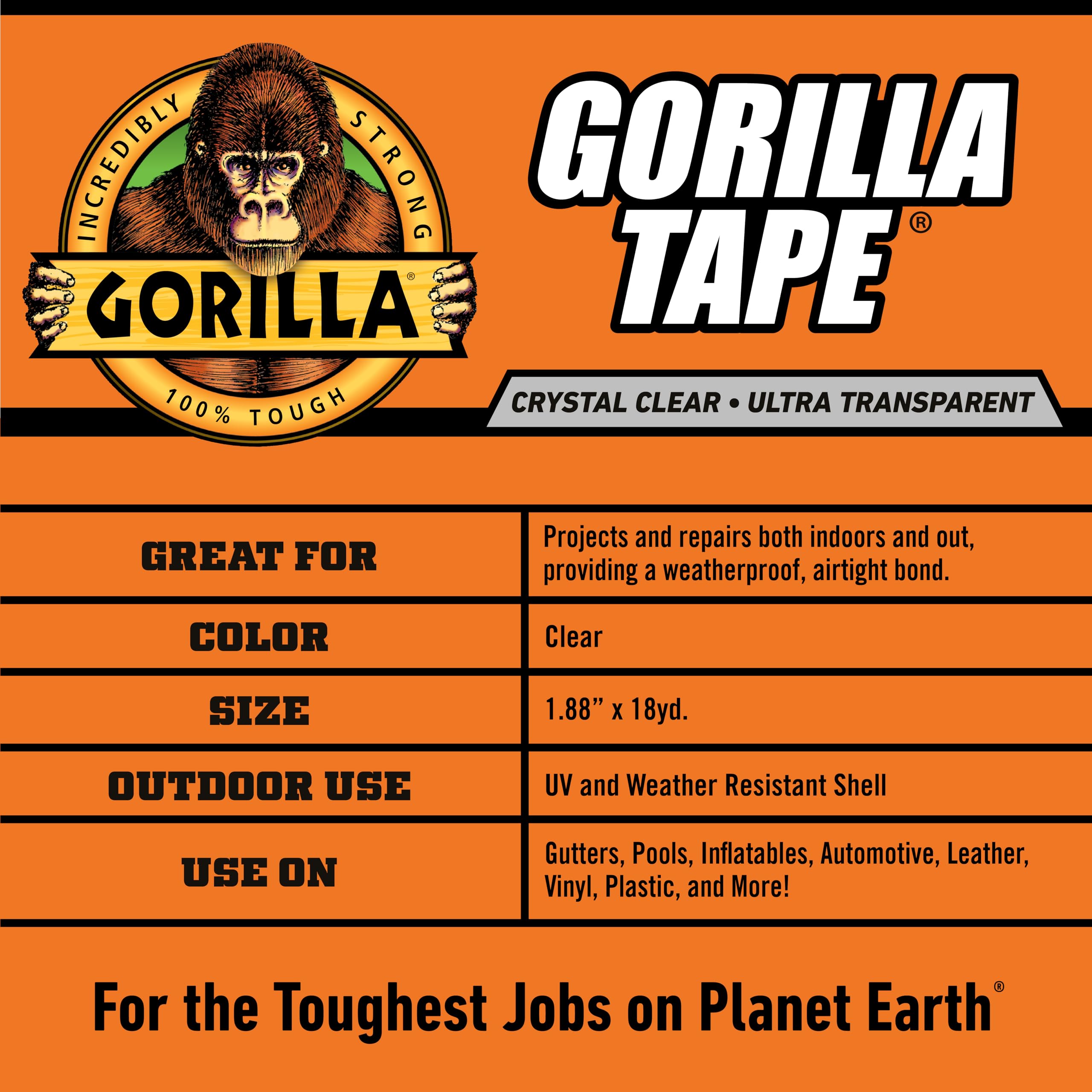 Gorilla Crystal Clear Repair Duct Tape, 1.88” x 18 yd, Clear, (Pack of 1)
