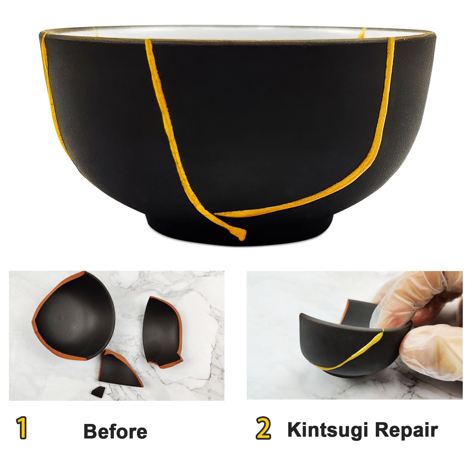 Kintsugi Repair Kit, Repair Your Meaningful Pottery with Gold Powder Glue - Comes with Two Practice Ceramic Cups for Starter