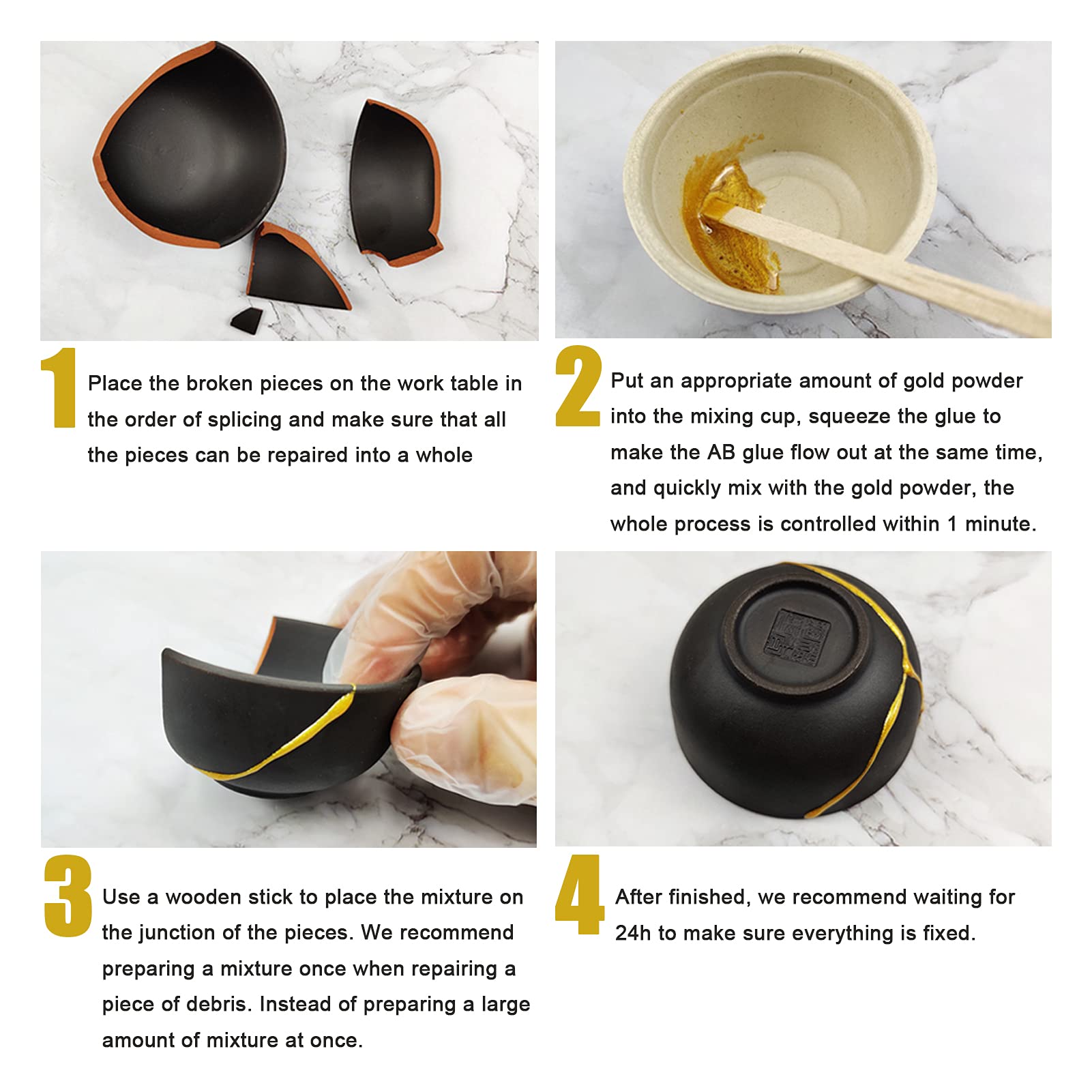 Kintsugi Repair Kit, Repair Your Meaningful Pottery with Gold Powder Glue - Comes with Two Practice Ceramic Cups for Starter