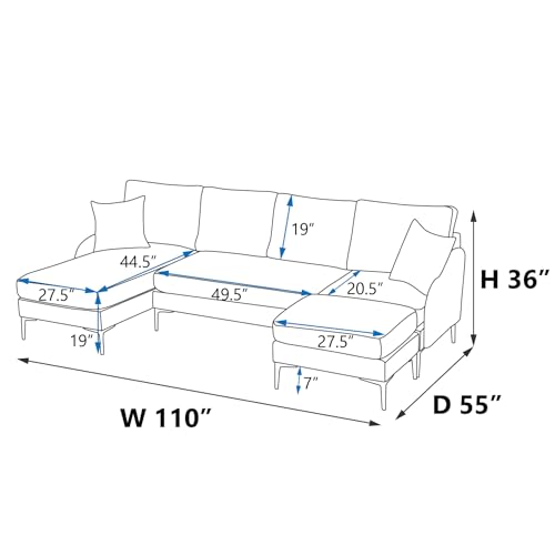 110" W Convertible Sectional Sofa with Reversible Chaise Lounge and Activity Ottoman, Polyester Blend U-Shape Modular Sectional Couch, 4-Seat Sofa Couch for Living Room Apartment Office, Charcoal Grey
