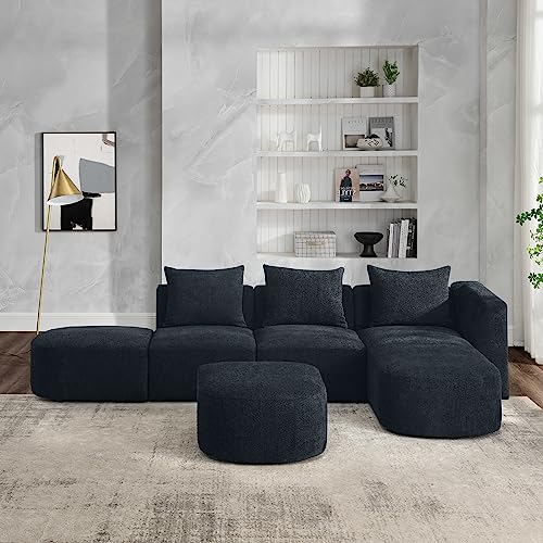 Free Combination Upholstered Reversible Modular Sectional Sofa,Rearrangeable L-Shaped Corner Cloud Deep Sofá with Right Side Chaise,Ottoman and Waist Pillows for Living Room Office Furniture Set
