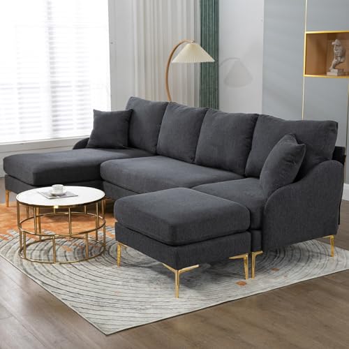 110" W Convertible Sectional Sofa with Reversible Chaise Lounge and Activity Ottoman, Polyester Blend U-Shape Modular Sectional Couch, 4-Seat Sofa Couch for Living Room Apartment Office, Charcoal Grey