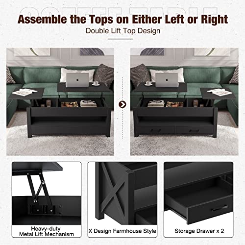 Seventable Coffee Table, 47.2" Lift Top Coffee Table with 2 Storage Drawers and Hidden Compartment, X Wood Farmhouse Support, Retro Center Table with Wooden Lift Tabletop, for Living Room,Black