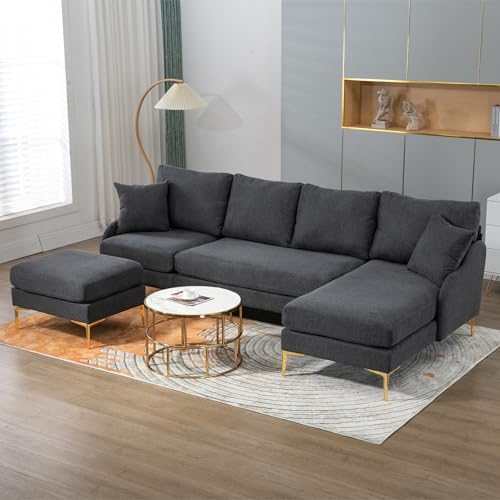 110" W Convertible Sectional Sofa with Reversible Chaise Lounge and Activity Ottoman, Polyester Blend U-Shape Modular Sectional Couch, 4-Seat Sofa Couch for Living Room Apartment Office, Charcoal Grey