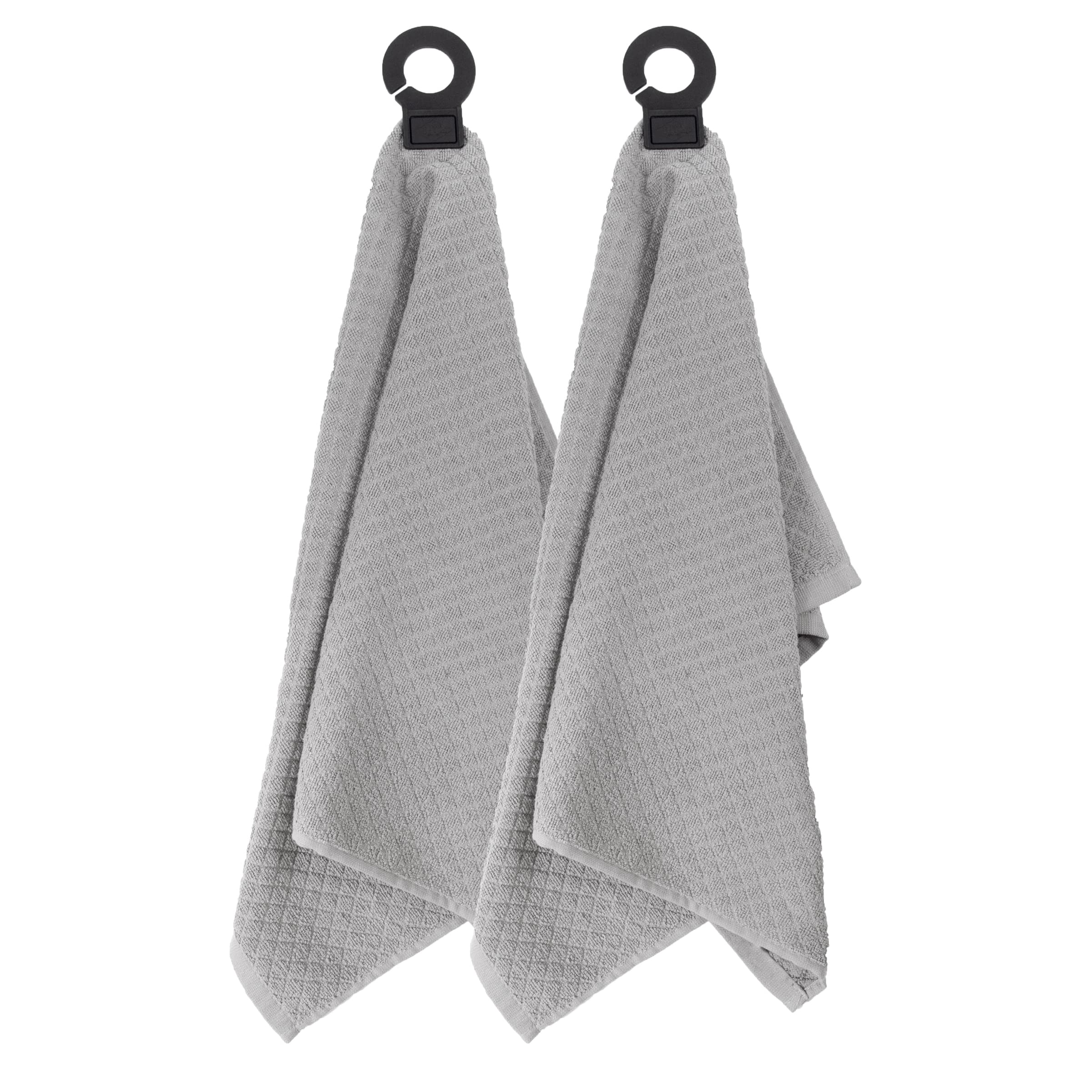 Ritz Premium Hook and Hang Towel (2-Pack), 18" x 28", Long-Lasting and Durable Rubber Hook, Highly Absorbent and Super Soft Hand Cloths for Kitchen, Bathroom, or Laundry Room, Titanium
