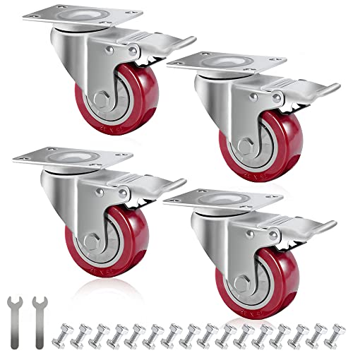 D&L 3 Inch Plate Swivel Casters Wheels 1400lbs Heavy Duty Casters with Brake Polyurethane Dual Locking Casters Set of 4 Red DL-I3-001R