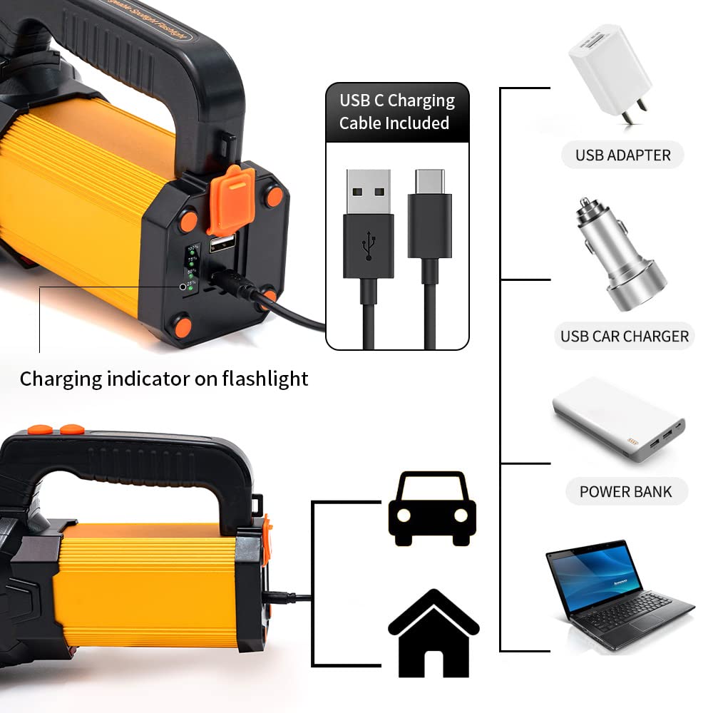 GEPROSMA Multi Functions Rechargeable Flashlight High Lumens,Handheld Spotlight LED 6000 Lumens Super Bright, Large Battery 10000 Long Lasting Powerful Searchlight Plus Side Lantern,Home Outdoor