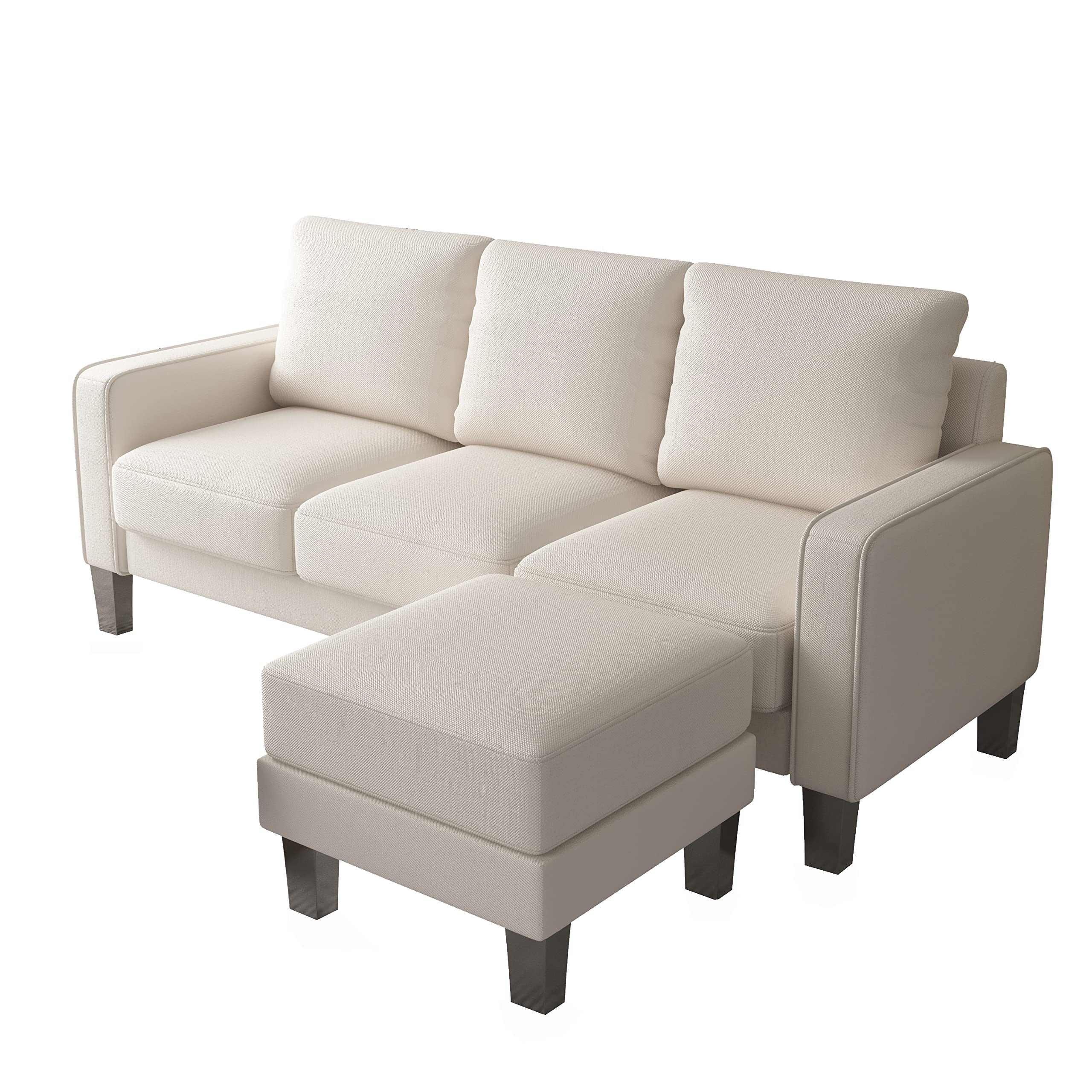 Myshle Sectional Sofa Reversible Chaise, 4-Seat Modular Set with Convertible Ottoman, L-Shape Linen Fabric Corner Futon Couches for Living Room Apartment Small Space Beige
