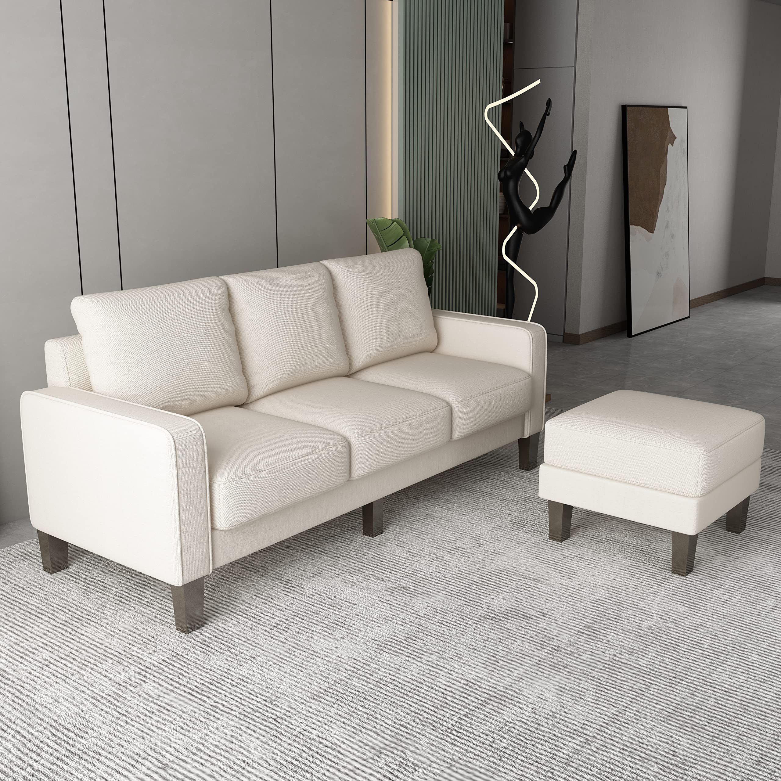 Myshle Sectional Sofa Reversible Chaise, 4-Seat Modular Set with Convertible Ottoman, L-Shape Linen Fabric Corner Futon Couches for Living Room Apartment Small Space Beige