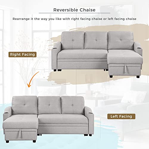 Verfur L Shaped Sectional Sofa with Pull Out Bed, Modern Button Tufted Convertible Sleeper Couch, Linen Fabric Upholstered 3 Seater Corner Sofa&Couch with Reversible Storage Chaise and Cup Holder