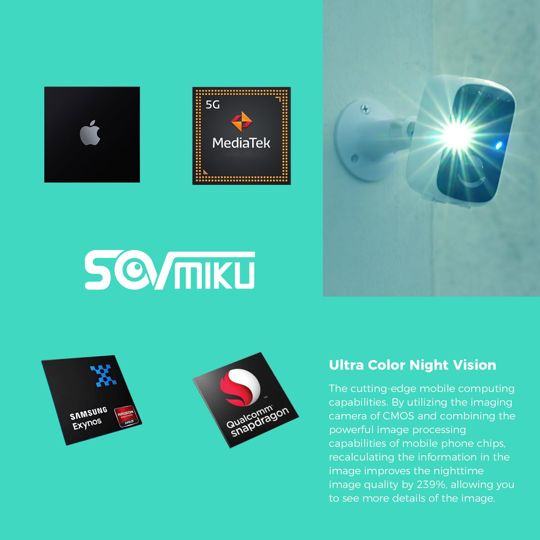 Sovmiku CG3 2K Starlight Color Night Vision,Solar Security Camera Wireless Outdoor,2-years Free Cloud Storage,Easy to Setup,Motion Detection,Two Way Audio,Audible Flashlight Siren,2.4GHz Wi-Fi,SD Slot