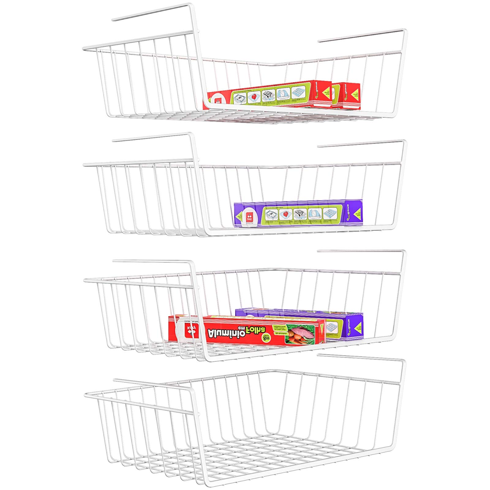 Hanging Under Shelf Storage Basket - iSPECLE 6 Pack Under Cabinet Desk Storage Shelf Organizer Sliding Pantry Organization and Storage for Kitchen Pantry Bookshelf, White