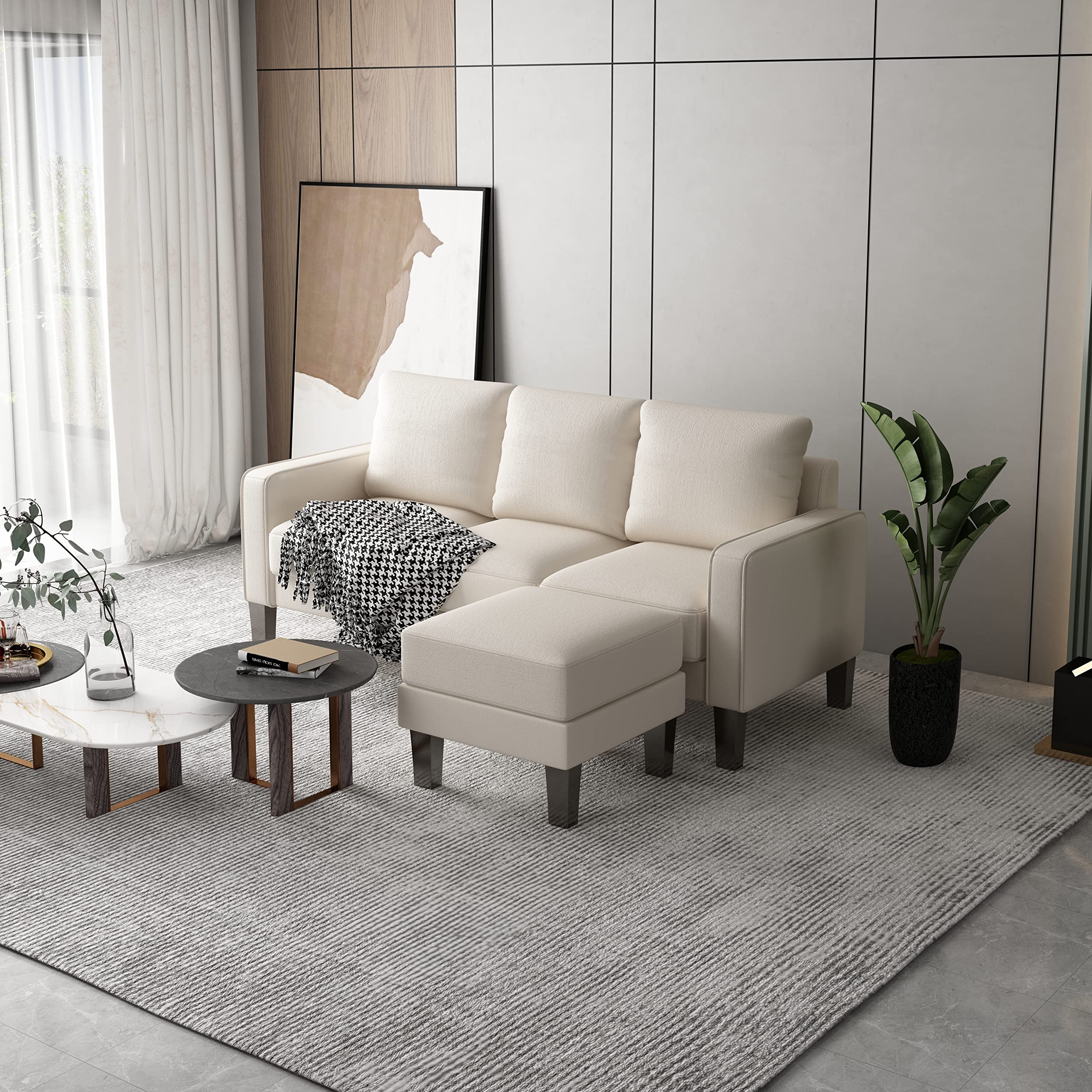 Myshle Sectional Sofa Reversible Chaise, 4-Seat Modular Set with Convertible Ottoman, L-Shape Linen Fabric Corner Futon Couches for Living Room Apartment Small Space Beige