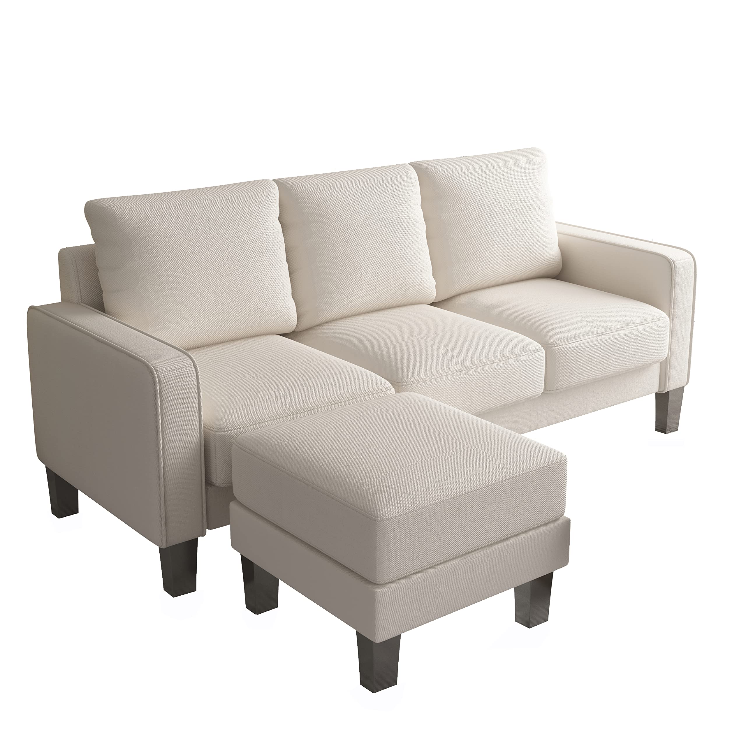 Myshle Sectional Sofa Reversible Chaise, 4-Seat Modular Set with Convertible Ottoman, L-Shape Linen Fabric Corner Futon Couches for Living Room Apartment Small Space Beige