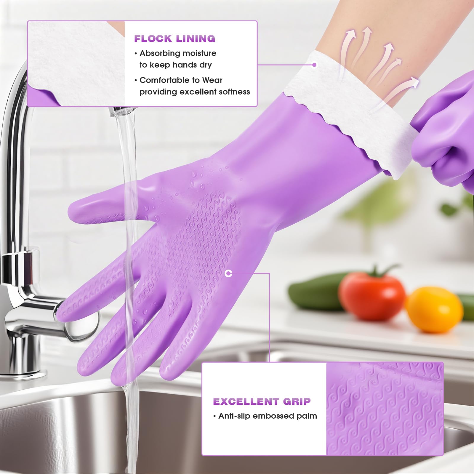 Elgood Reusable Dishwashing Cleaning Gloves with Latex free, Cotton lining ,Kitchen Gloves 2 Pairs,Purple+blue, Medium