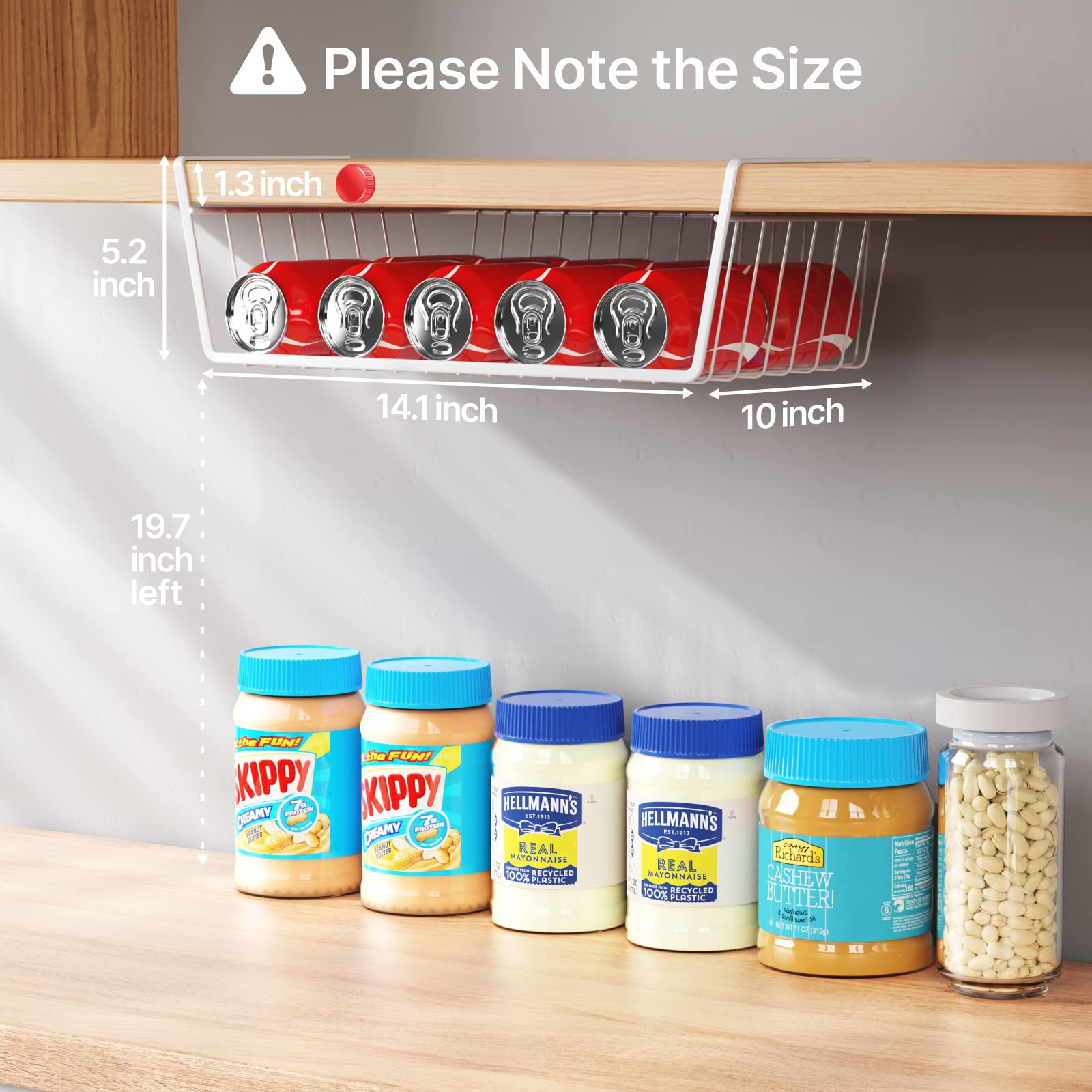 Hanging Under Shelf Storage Basket - iSPECLE 6 Pack Under Cabinet Desk Storage Shelf Organizer Sliding Pantry Organization and Storage for Kitchen Pantry Bookshelf, White