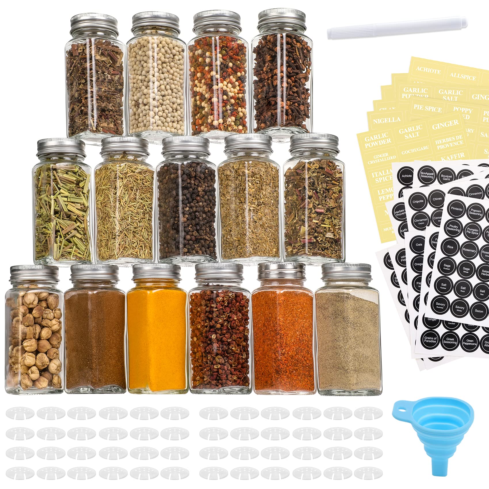 AOZITA 48 Pcs Glass Spice Jars/Bottles - 4oz Empty Square Spice Containers with Spice Labels - Shaker Lids and Airtight Metal Caps - Silicone Collapsible Funnel Included