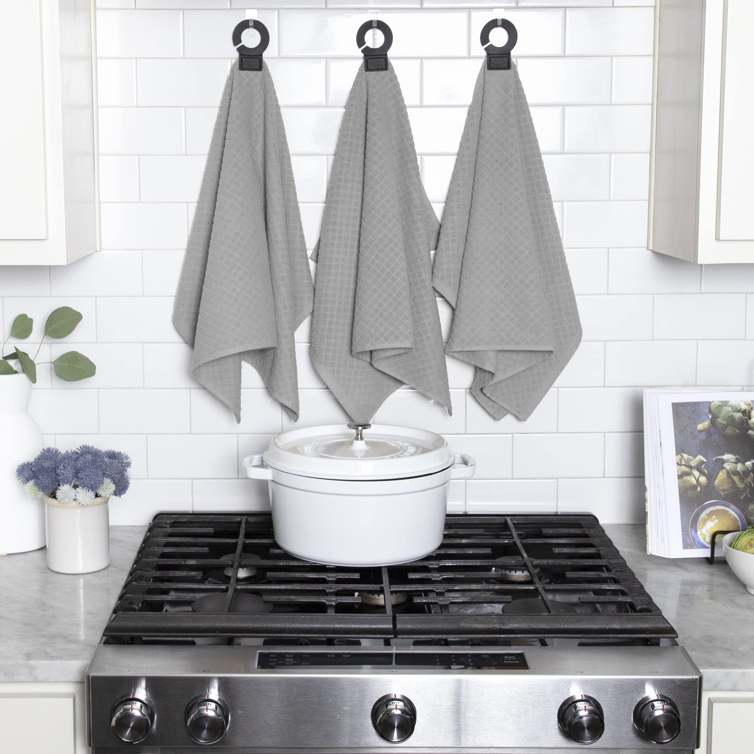 Ritz Premium Hook and Hang Towel (2-Pack), 18" x 28", Long-Lasting and Durable Rubber Hook, Highly Absorbent and Super Soft Hand Cloths for Kitchen, Bathroom, or Laundry Room, Titanium