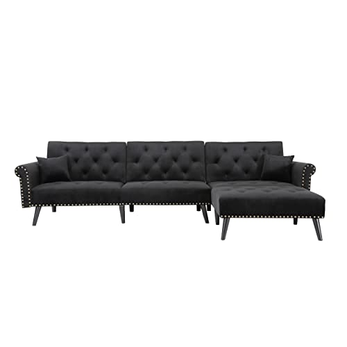 YUNLife&Home Velvet Convertible Sleeper Sofa Bed, Reversible Sectional L-Shaped Couch with 2 Pillows and Right Chaise Lounge for Living Room Apartment Office Studio Furniture Sets